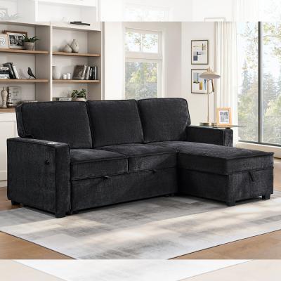 China L-Shaped Reversible Sectional Sleeper Sofa with Pull-Out Bed and Dropdown Table and Storage, Charcoal Black Chenille for sale