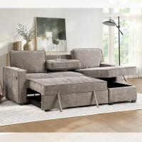 China L-Shaped Reversible Sectional Sleeper Sofa with Pull-Out Bed and Dropdown Table and Storage, Light Brown Gray Chenille for sale