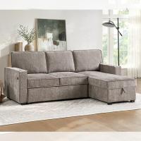 China L-Shaped Reversible Sectional Sleeper Sofa with Pull-Out Bed and Dropdown Table and Storage, Light Brown Gray Chenille for sale