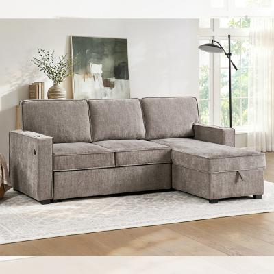 China L-Shaped Reversible Sectional Sleeper Sofa with Pull-Out Bed and Dropdown Table and Storage, Light Brown Gray Chenille for sale