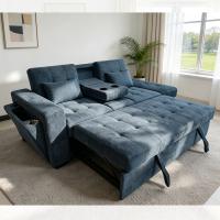 China Queen Size Convertible Sleeper Sofa Bed, Comfortable Pull-Out Bed with Adjustable Backrest, Storage Arm and Ottoman, Navy fabric for sale