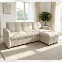 China L-Shaped Sectional Sleeper Sofa with Pull-Out Bed and Adjustable Backrest and Storage Chaise, Sand Fabric for sale