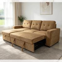 China L-Shaped Reversible Sectional Sleeper Sofa with Pull-Out Bed and Storage, Earthy Yellow Fabric for sale