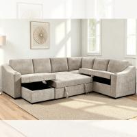 China U-Shaped Sectional Sleeper Sofa with Pull Out Bed and Storage Chaise Lounge and Storage Sofa and Cup holders, Taupe Fabric for sale