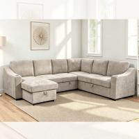 China U-Shaped Sectional Sleeper Sofa with Pull Out Bed and Storage Chaise Lounge and Storage Sofa and Cup holders, Taupe Fabric for sale
