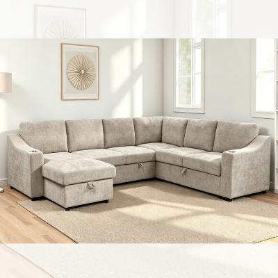 China U-Shaped Sectional Sleeper Sofa with Pull Out Bed and Storage Chaise Lounge and Storage Sofa and Cup holders, Taupe Fabric for sale