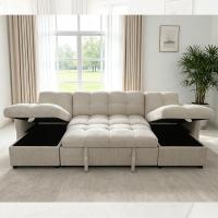 China U-Shaped Sectional Sleeper Sofa with Pull-Out Bed and Adjustable Backrest and Storage Chaise, Sand Fabric for sale