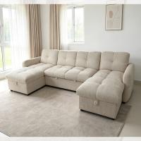 China U-Shaped Sectional Sleeper Sofa with Pull-Out Bed and Adjustable Backrest and Storage Chaise, Sand Fabric for sale