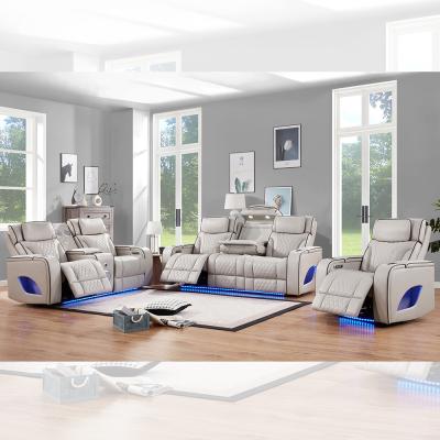 China Power Recliner Sofa set with Power Headrests and Dropdown Table and Speaker and Storage and LED Light, Massage Function, Beige Leatherette for sale