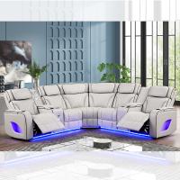 China Power Recliner Corner Sofa with 2 Power Recliner Seats and Power Headrests and Speaker and Storage and LED Light, Massage Function, Beige Leatherette for sale