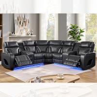 China Power Recliner Corner Sofa with 2 Power Recliner Seats and Power Headrests and Speaker and Storage and LED Light, Massage Function, Black Leatherette for sale
