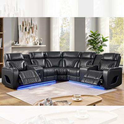 China Power Recliner Corner Sofa with 2 Power Recliner Seats and Power Headrests and Speaker and Storage and LED Light, Massage Function, Black Leatherette for sale