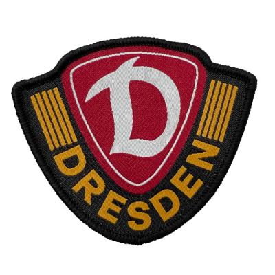 China Custom Woven Iron On Patches Merrowed Border Shoulder Badges 100 Pcs Min Order for sale