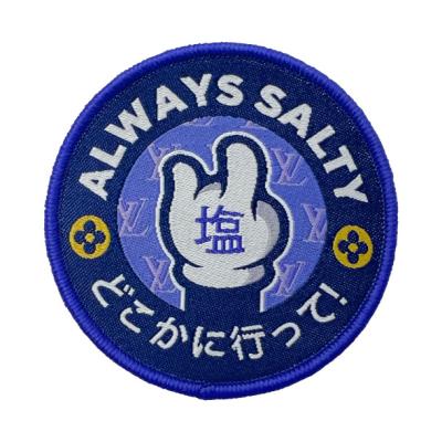 China Custom Waterproof Iron On Woven Patches Skin Friendly Jacket Label Logo 100pcs MOQ for sale
