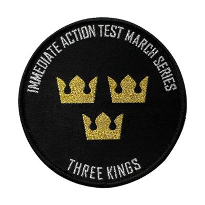 China Custom 12C Crown Embroidery Woven Patches Iron On Merrow Border For Jacket for sale