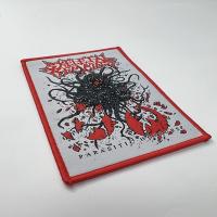 China Washable Red Merrowed Border Woven Logo Patch PMS Color Iron On Embroidery Badge for sale