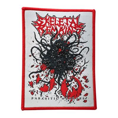 China Washable Red Merrowed Border Woven Logo Patch PMS Color Iron On Embroidery Badge for sale