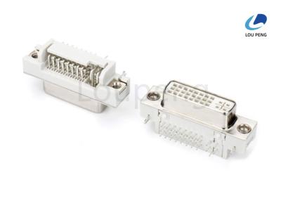 China DVI 24+5pin 90 degree female connector, semi-gold white glue, riveted metal harpoon, 1.30mm positioning post, 2.30mm tail end, screw fastening. for sale