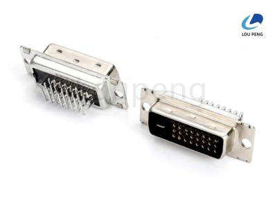 China DVI 24+1pin male connector, PCB board connector, 90 degrees, with positioning post, riveted 4-40 harpoon, half gold white and black LCP tail end 2.7mm riveted. for sale