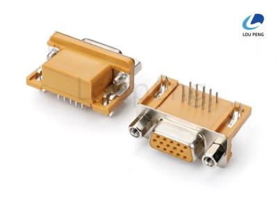 China D-SUB 15pin female connector, Machine PIN 8.89mm, Right angle, half-gold, Earthy yellow Insulator, riveted iron harpoon, locking 4.8X11.8 iron screws. for sale