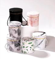 China Green Leaf Veins Marbling Round Flower Gift Box Cylinder Rose Box With Handle for sale