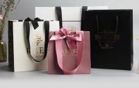 China Apparel Smoky Printed Paper Shopping Bags C2S Artpaper Ribbon Handle Gift Bags for sale