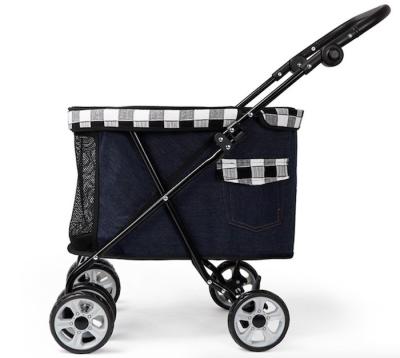 China Blue Cowboy Canvas Cozy Dog Carrier Trolley Dog Trolley On Wheels 53x39x82cm for sale