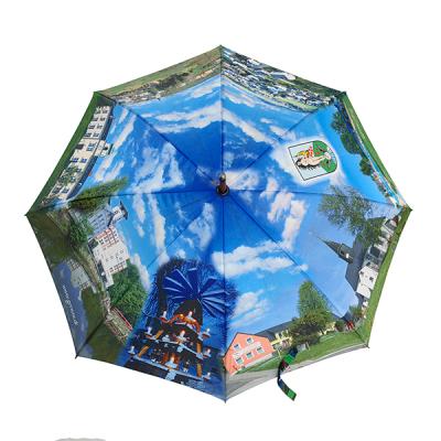 China 46 Inch Auto Open Wooden Handle Umbrella With European Scenery Print for sale