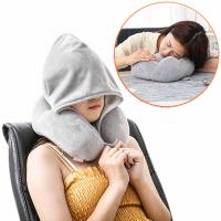 China Colorful Custom U-Shape Memory Foam Neck Pillow With Head Hood for Comfortable Travel for sale