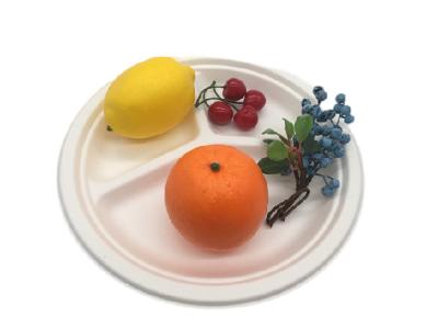 China 3 Compartment Round Disposable Dishes Biodegradable Sugarcane Bagasse 9inch 10inch Plates for sale