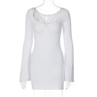 China Solid Color Tight Dress White Square Collar High Heels Tight Dress Flared Sleeves for sale