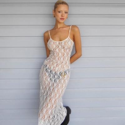 China Perspective Mesh Halter Dress Small Plum Flower Backless Long See Through Skirt for sale