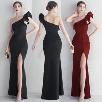 China Black Slim Evening Dress Irregular Ruffled Edge Sexy Floor Length Dress With Hip Bag for sale