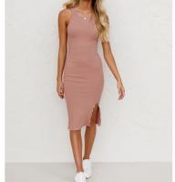 China Long Slim Knitted Dress Solid Color Vest Slim Long Knit Dress With Slit for sale