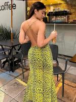 China Sexy Backless Hip Split Dress Fashion Hottie Leopard Halter Dress for sale