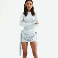 China Ribbon Flower Stylish Ladies Dress Solid Color Long Sleeve Slim Dress Round Neck Patchwork for sale