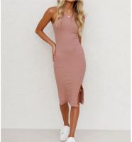 China Slim Fit Package Hip Dress Solid Color Vest  Long Knit Bag Hip Slit Dress for sale