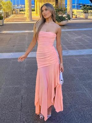 China Solid Color Wrap Chest Dress Layered Sexy Pleated Dress Irregular Double Layer Dress for sale
