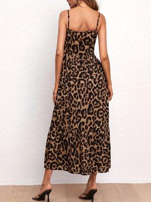 China Leopard Print Women'S Belted Dress Sexy Halter Dress Halter Dress Slit for sale
