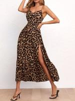 China Leopard Print Women'S Belted Dress Sexy Halter Dress Halter Dress Slit for sale