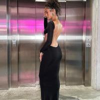 China New Hottie Sexy Low Back Dress Hollow Out Dress Long Sleeved Hip Bag Solid Color Dress for sale