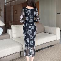 China Mesh Print Sexy Hip Dress Long Sleeve Low Back Wrap Hip Dress for sale