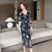 China Mesh Print Sexy Hip Dress Long Sleeve Low Back Wrap Hip Dress for sale