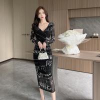 China Mesh Print Sexy Hip Dress Long Sleeve Low Back Wrap Hip Dress for sale