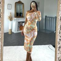 China Fashion Print Hip Package Dress Diagonal Shoulder Long Sleeve Slim Fit Dress Hip Wrap for sale