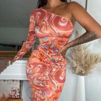 China Fashion Print Hip Package Dress Diagonal Shoulder Long Sleeve Slim Fit Dress Hip Wrap for sale