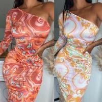 China Fashion Print Hip Package Dress Diagonal Shoulder Long Sleeve Slim Fit Dress Hip Wrap for sale