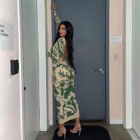 China Print Womens Stylish Dresses Sexy Leakback Open Back Dress With Sleeves Slim Fit for sale