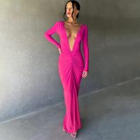 China Rose Red Stylish Ladies Dress Slim Sexy Big V Neck Dress Backless Pleats Solid Color for sale