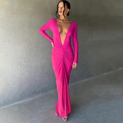 China Rose Red Stylish Ladies Dress Slim Sexy Big V Neck Dress Backless Pleats Solid Color for sale